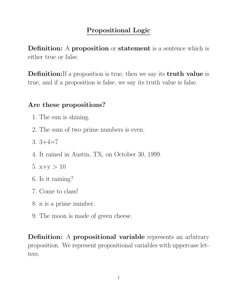 Propositional Logic Definition A Proposition Or Statement Is A