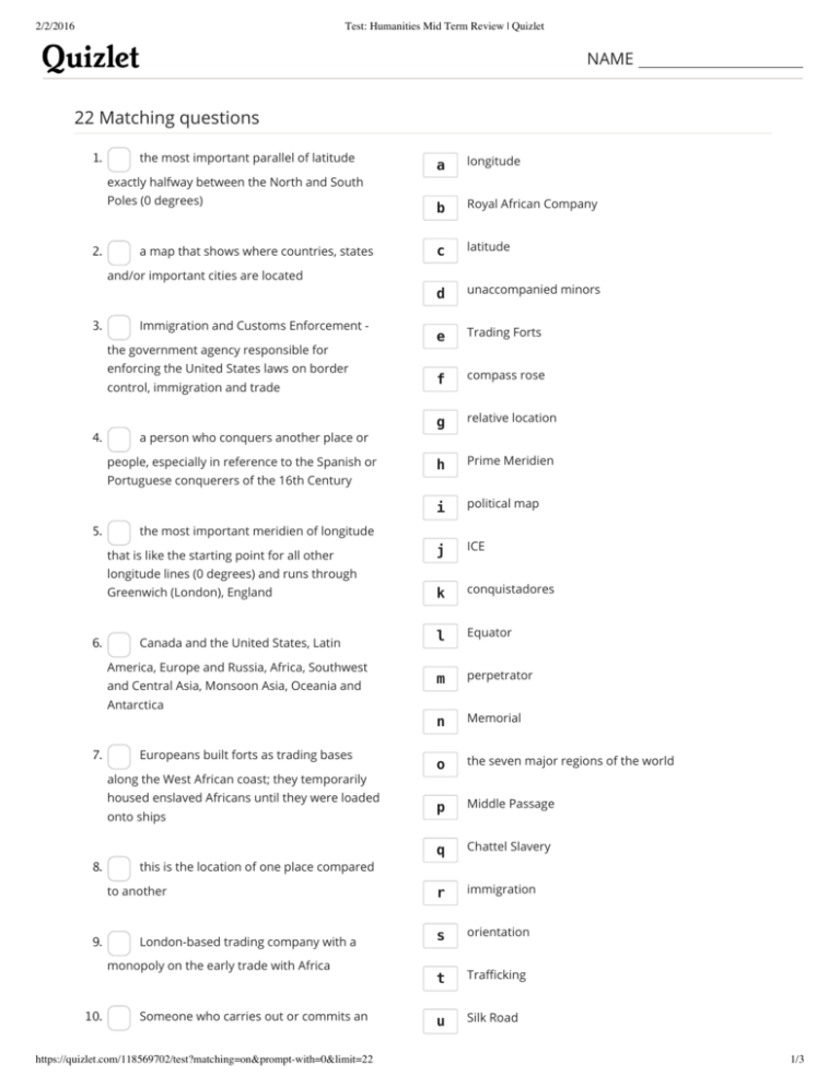 Mid Term Quizlet Matching Review