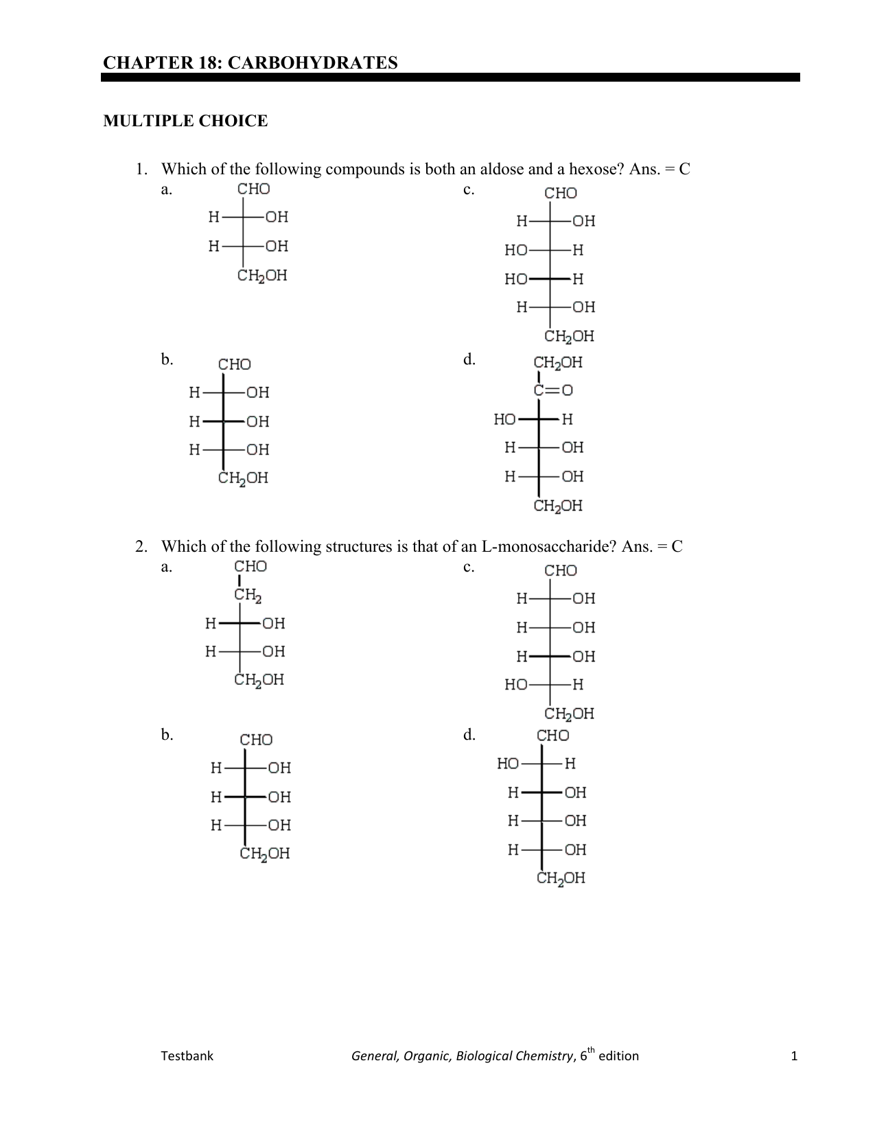 CHAPTER 18 CARBOHYDRATES CHAPTER 18 CARBOHYDRATES