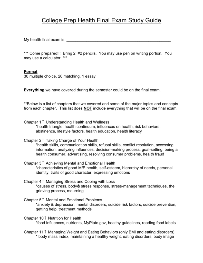 College Prep Health Final Exam Study Guide College Prep Health Final Exam Study Guide