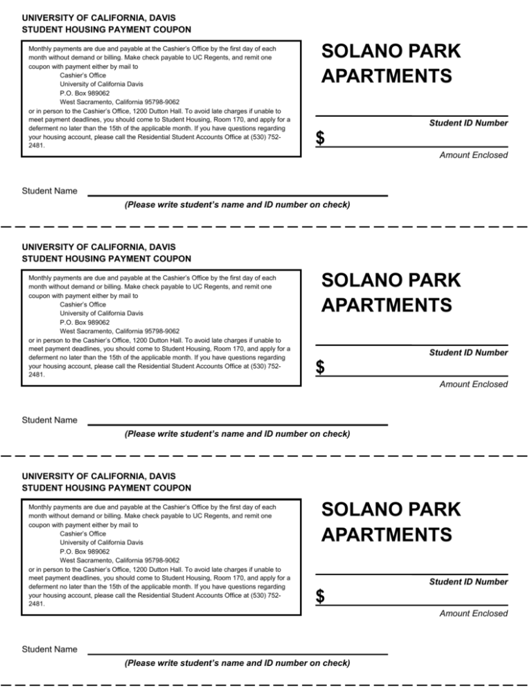 Payment Couponn PARKS UC Davis Student Housing