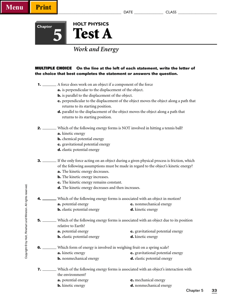 Work And Energy Test A Work And Energy Test A