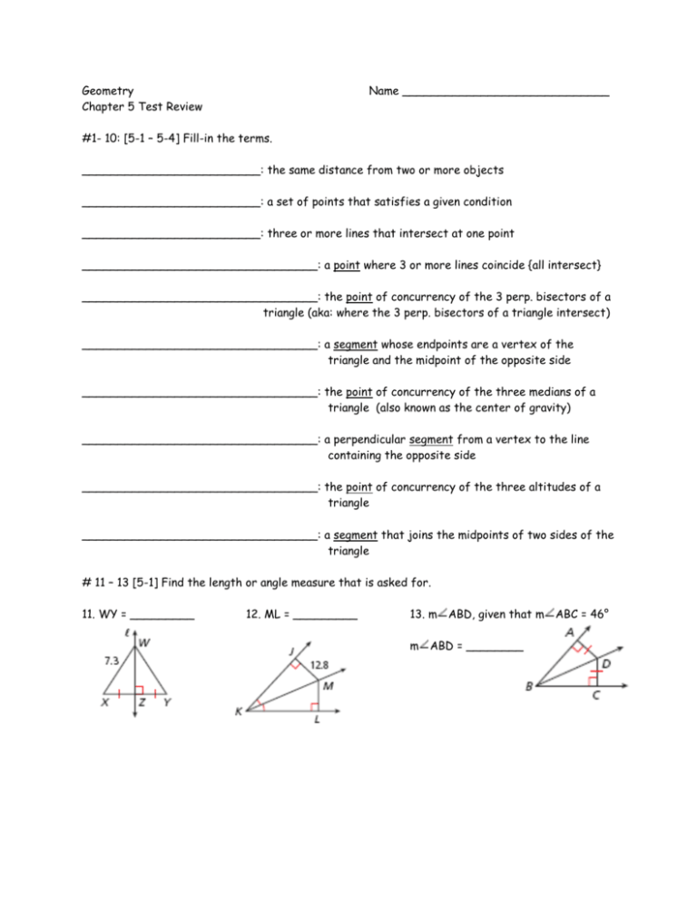 Geometry Name Chapter 5 Test Review 1 10 5 1 5 4 Fill Geometry Name Chapter 5 Test Review 1 10 5 1 5 4 Fill