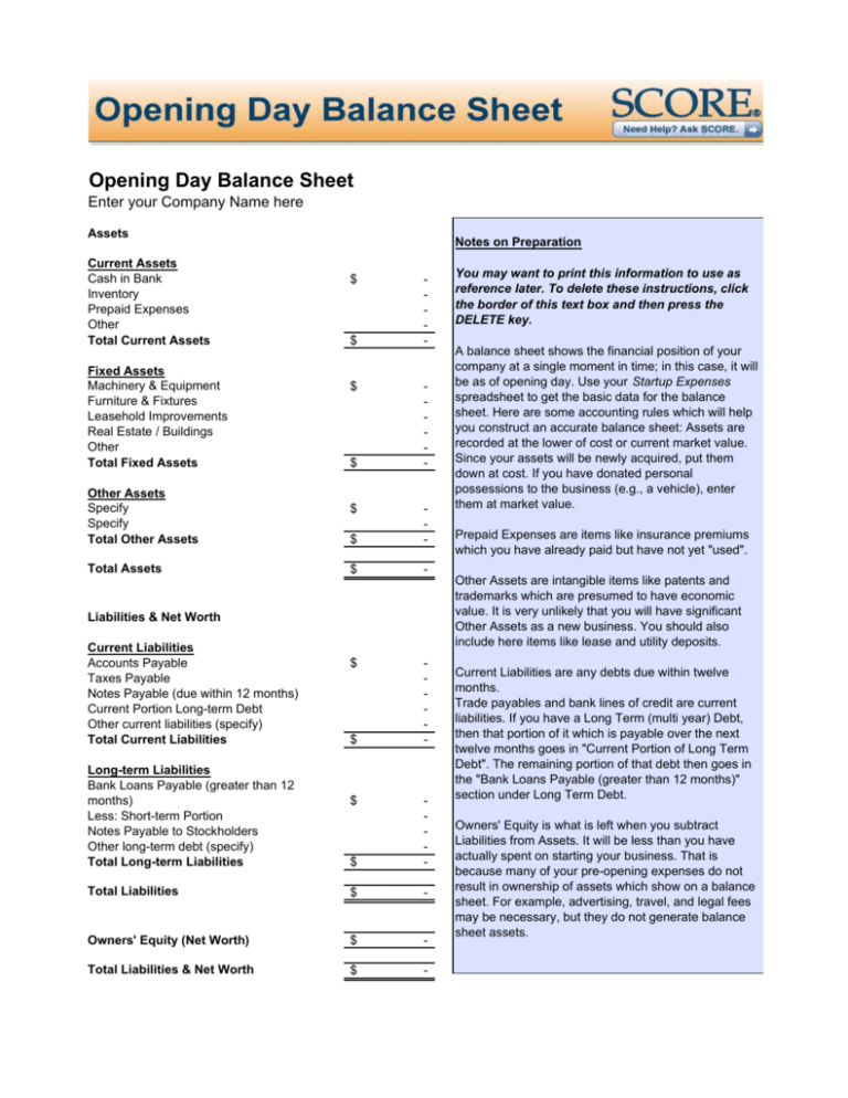 Opening Day Balance Sheet Opening Day Balance Sheet