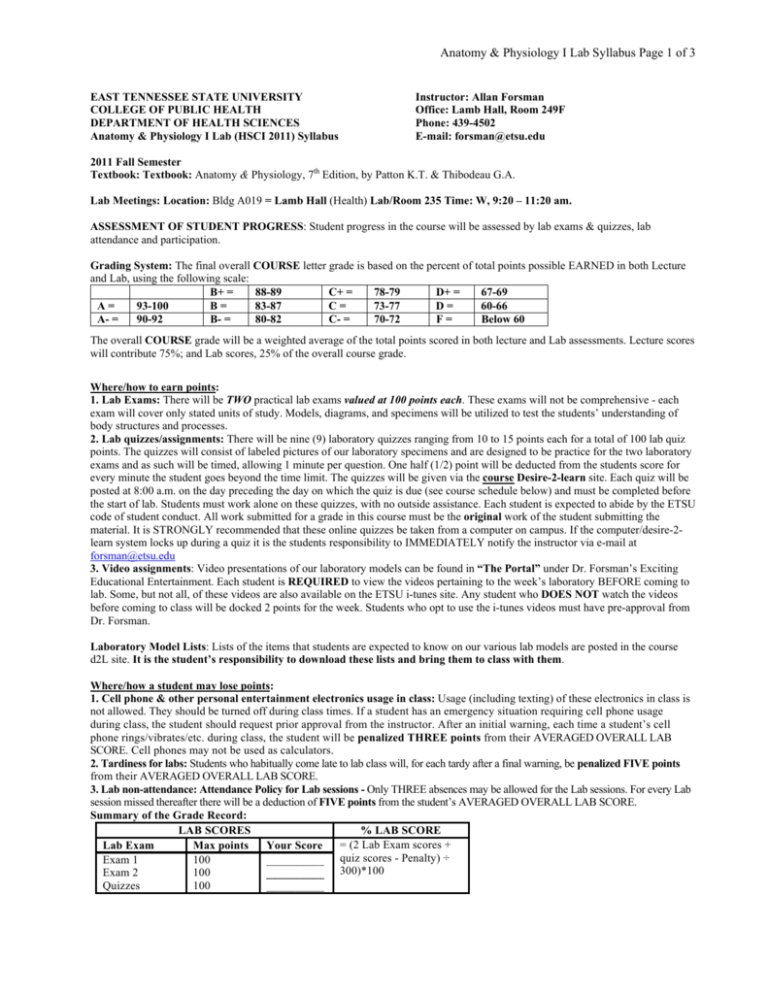 Anatomy Physiology I Lab Syllabus Page 1 Of 3 Faculty