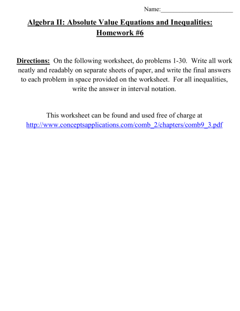 Algebra II Absolute Value Equations And Inequalities Homework 6