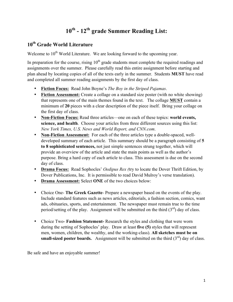 10th 12th Grade Summer Reading List