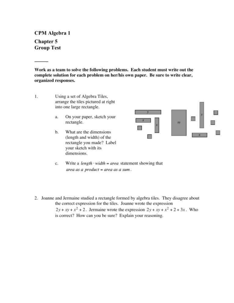 CPM Algebra 1 Chapter 5 Group Test CPM Algebra 1 Chapter 5 Group Test