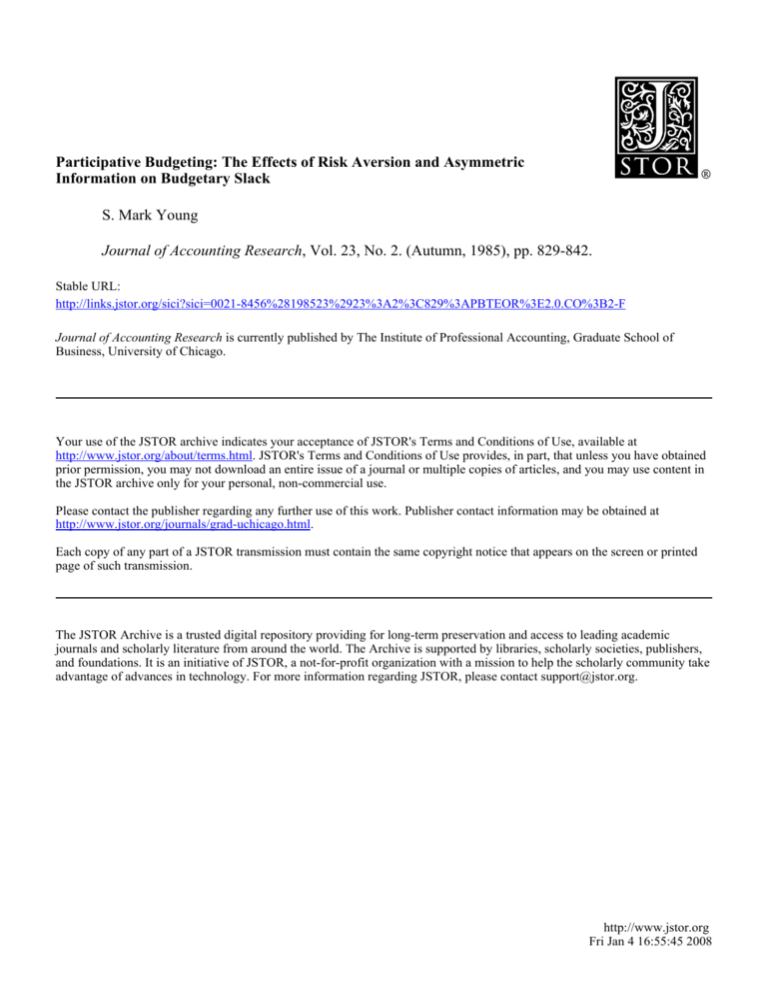 Participative Budgeting The Effects Of Risk Aversion And