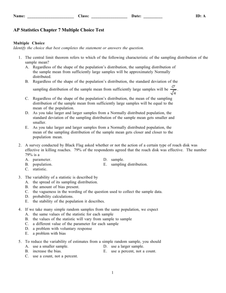 AP Statistics Chapter 7 Multiple Choice Test