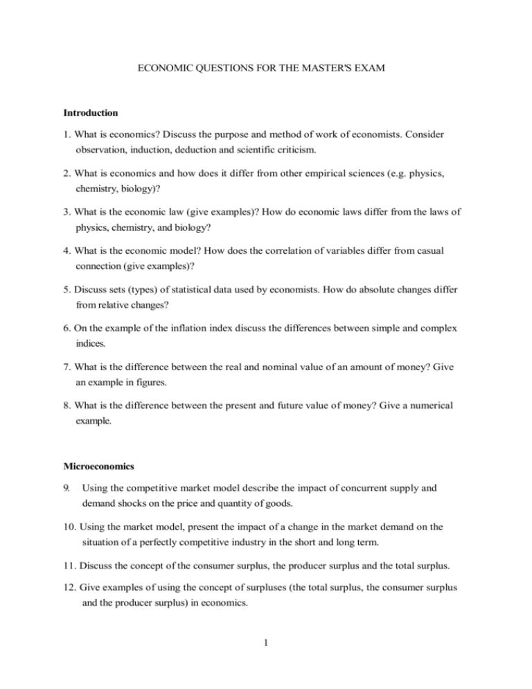 ECONOMIC QUESTIONS FOR THE MASTER S EXAM Introduction 1 ECONOMIC QUESTIONS FOR THE MASTER S EXAM Introduction 1