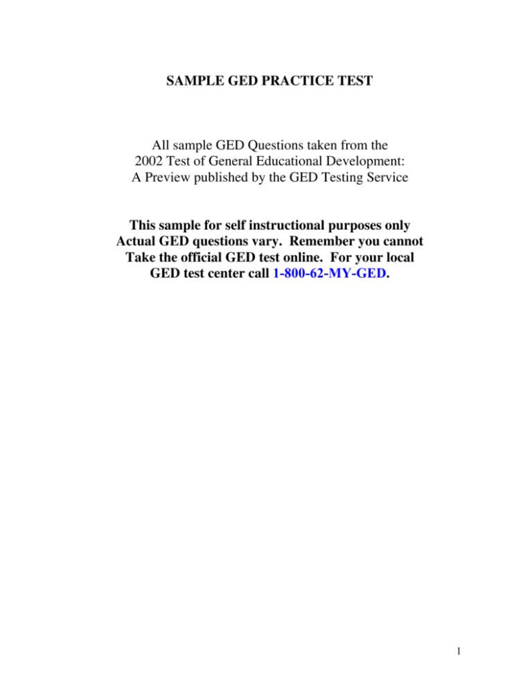 SAMPLE GED PRACTICE TEST All Sample GED Questions Taken