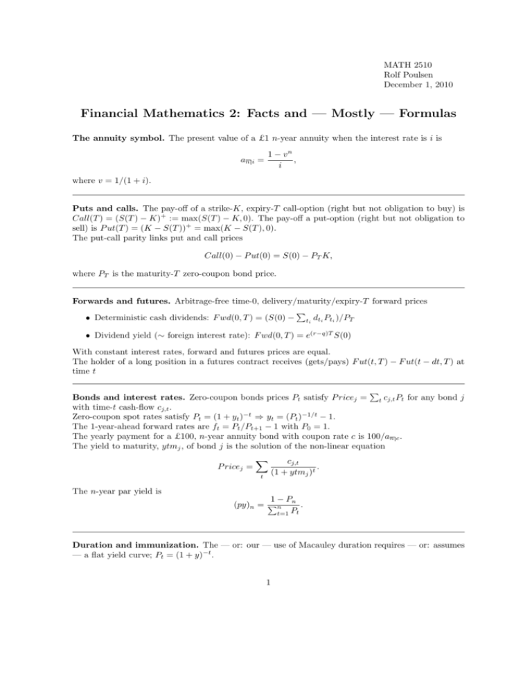 Financial Mathematics 2 Facts And Mostly Formulas