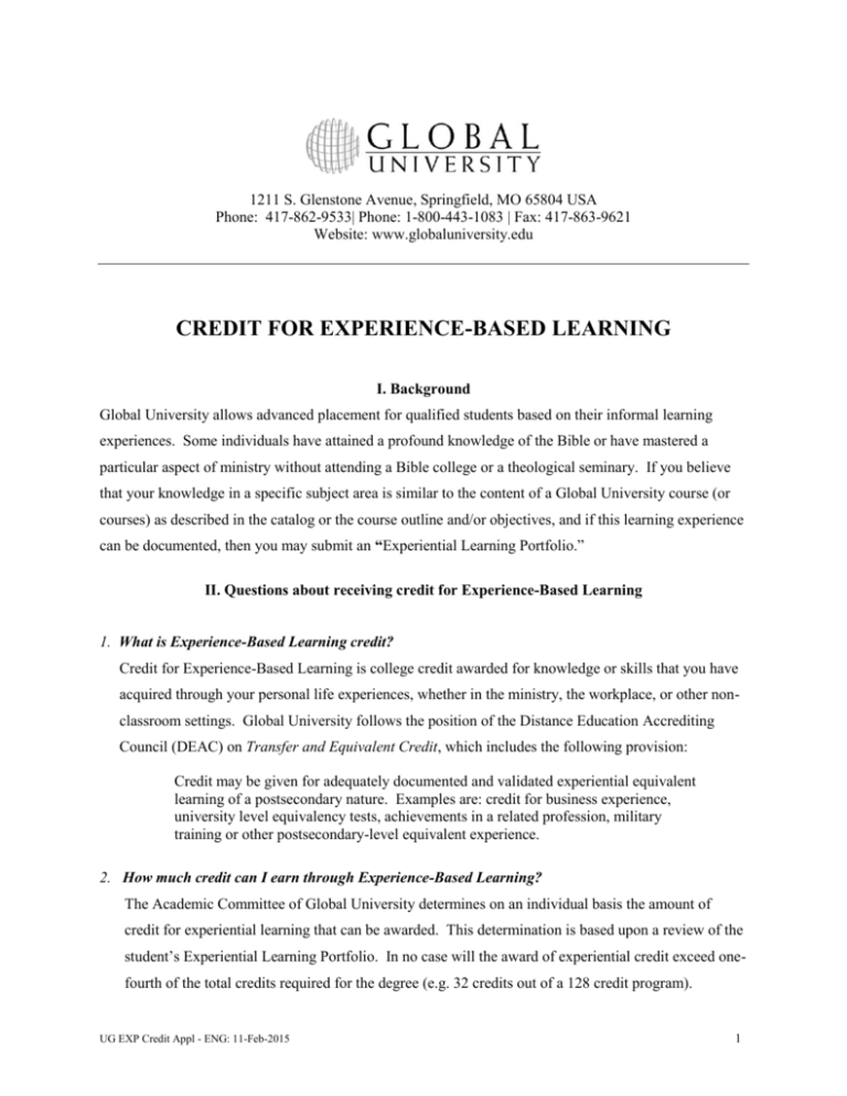 Credit For Experience based Learning