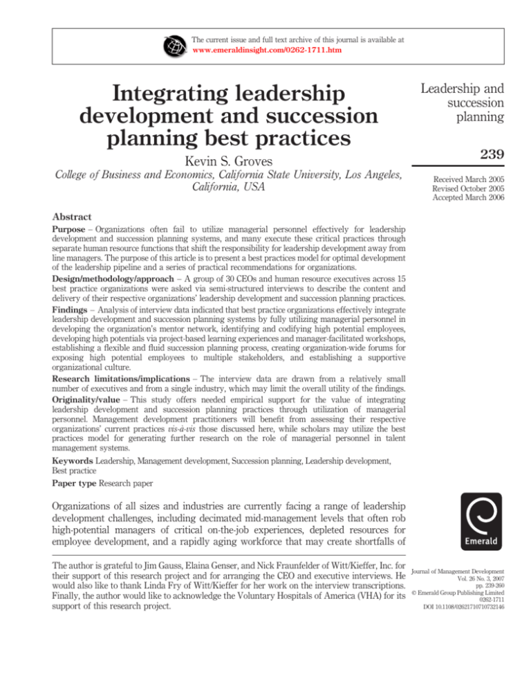 Integrating Leadership Development And Succession Planning Best