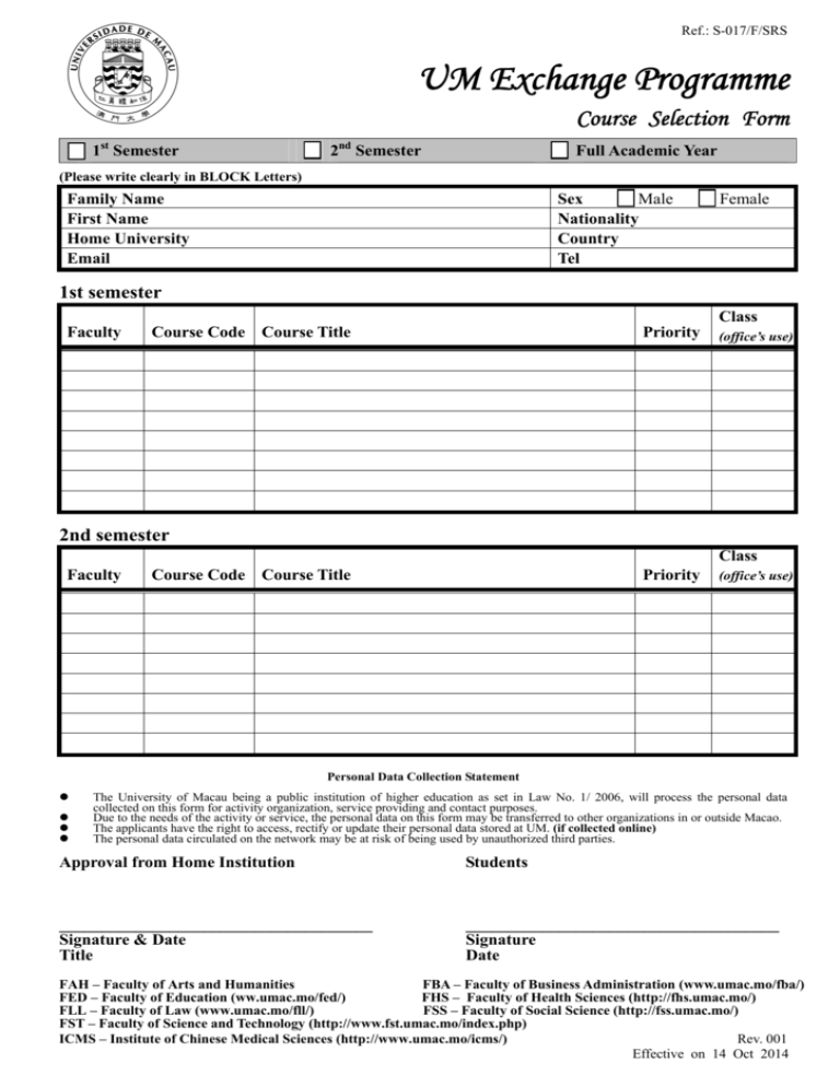 Course Selection Form Course Selection Form
