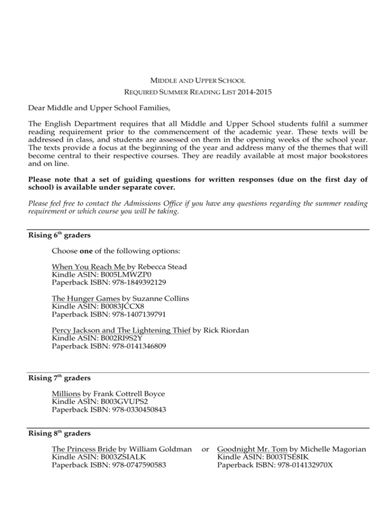 REQUIRED SUMMER READING LIST 2014 REQUIRED SUMMER READING LIST 2014