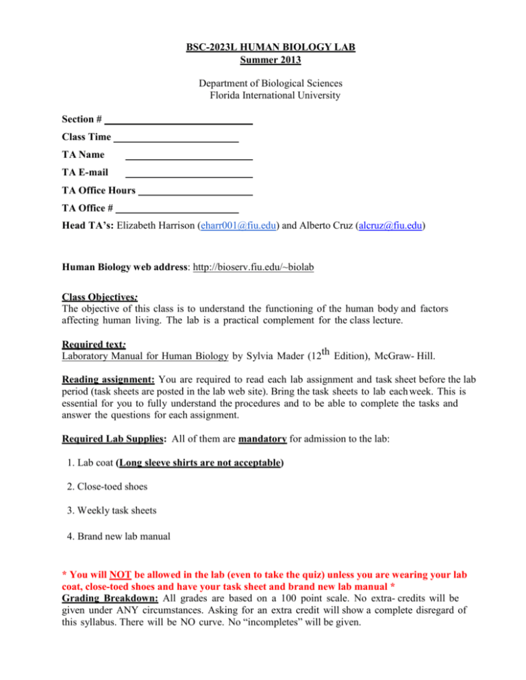 HUman Bio Lab Summer 2013 Syllabus