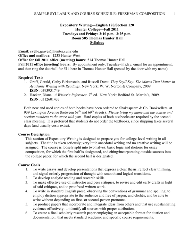 SAMPLE SYLLABUS AND COURSE SCHEDULE
