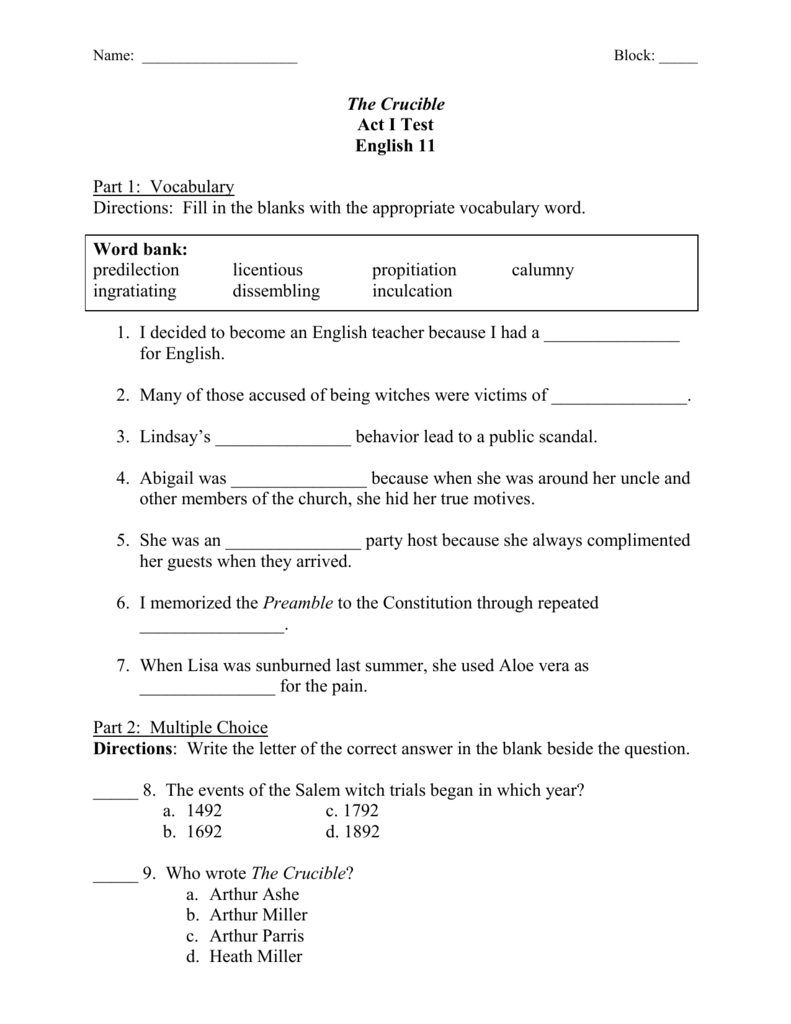 The Crucible Act I Test English 11 Part 1 Vocabulary Directions Fill
