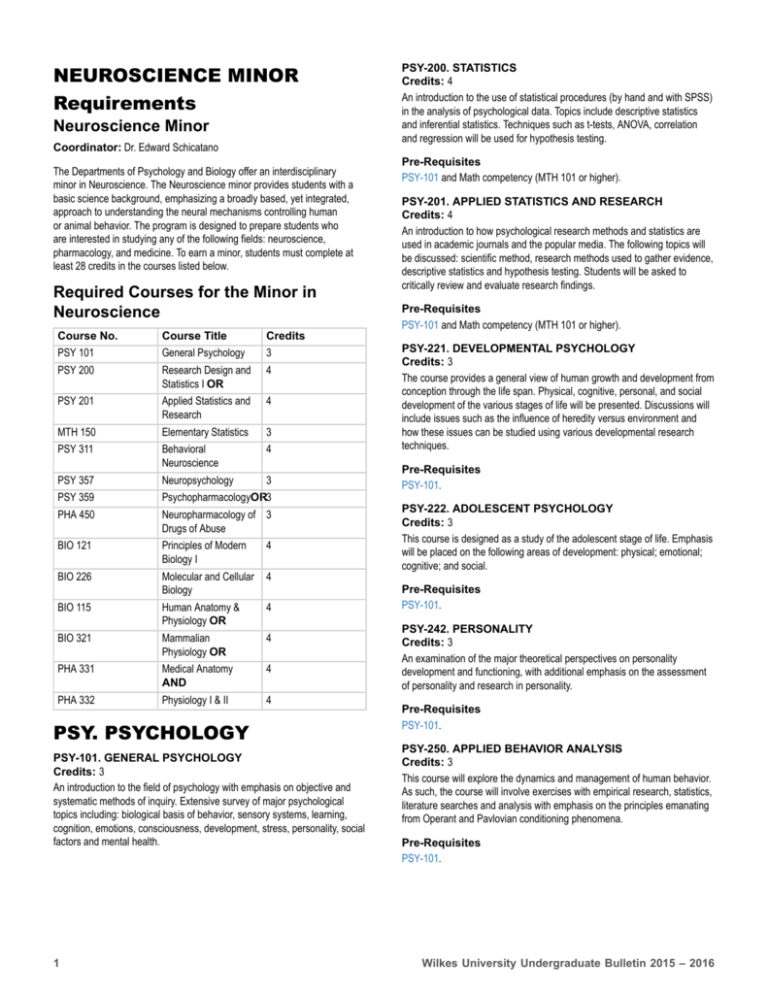 NEUROSCIENCE MINOR Requirements PSY PSYCHOLOGY