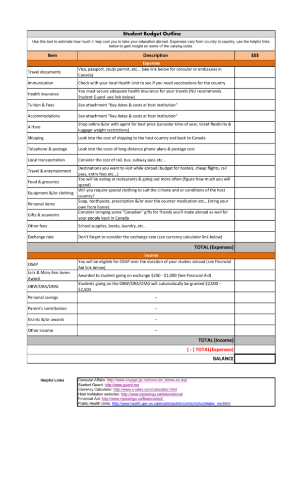 Student Budget Outline
