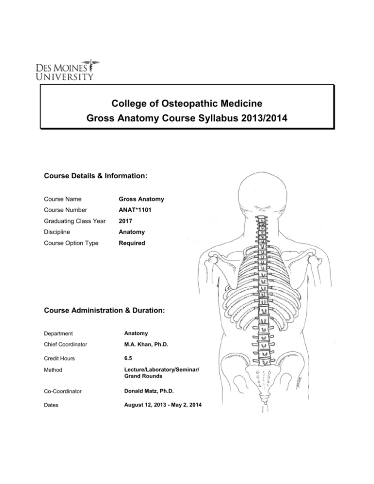 College Of Osteopathic Medicine Gross Anatomy Course Syllabus