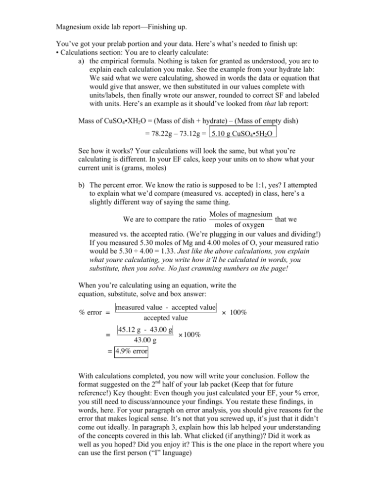 Magnesium Oxide Lab Report Finishing Up Magnesium Oxide Lab Report Finishing Up
