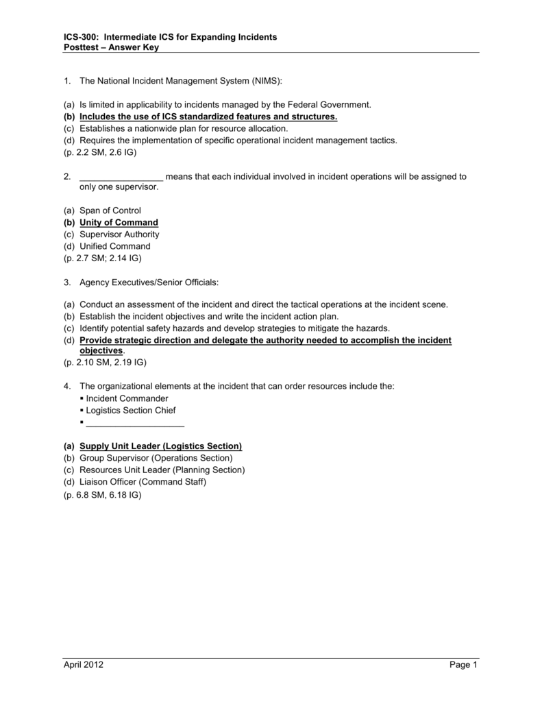 ICS 300 Intermediate ICS For Expanding Incidents Posttest