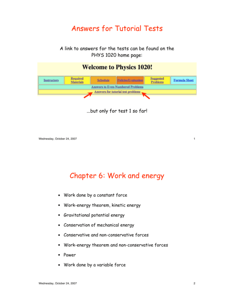 Answers For Tutorial Tests Chapter 6 Work And Energy