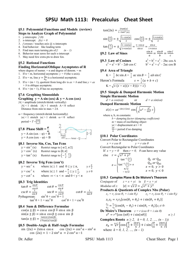 SPSU Math 1113 Precalculus Cheat Sheet