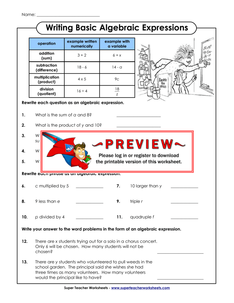 Writing Algebraic Expressions Worksheet