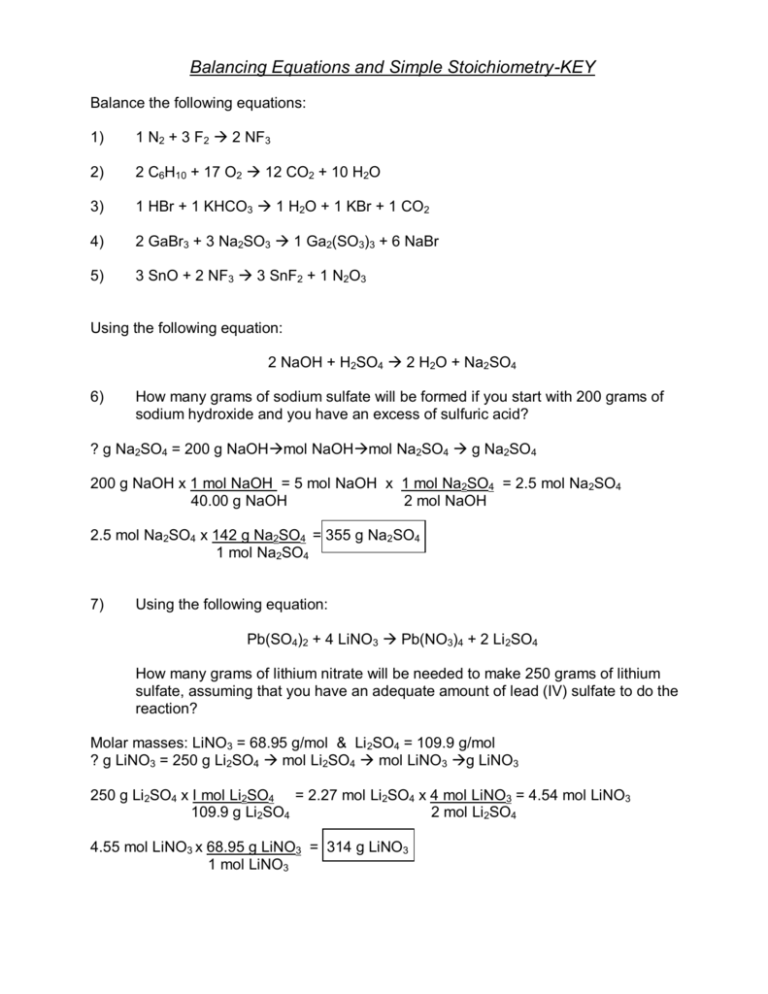KEY Solutions For The Stoichiometry Practice Worksheet 