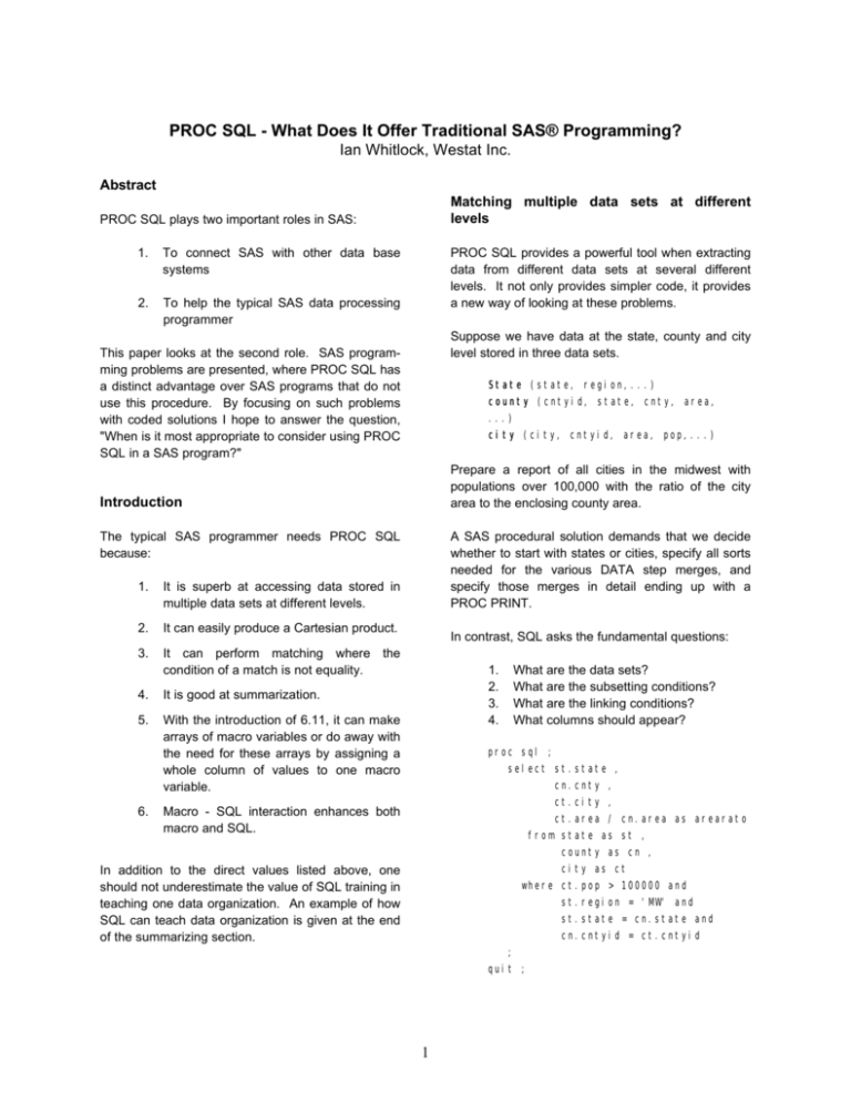 PROC SQL What Does It Offer Traditional SAS