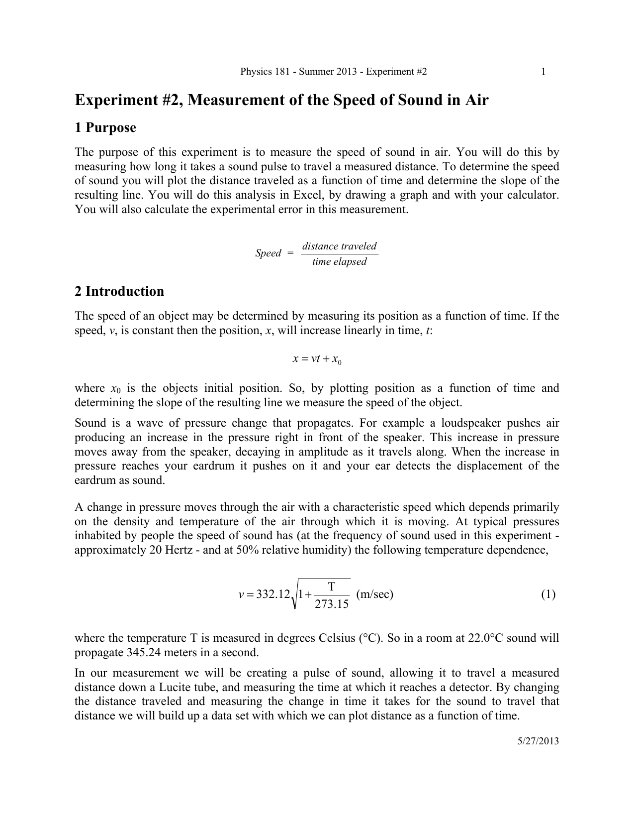 Experiment #2, Measurement of the Speed of Sound in Air