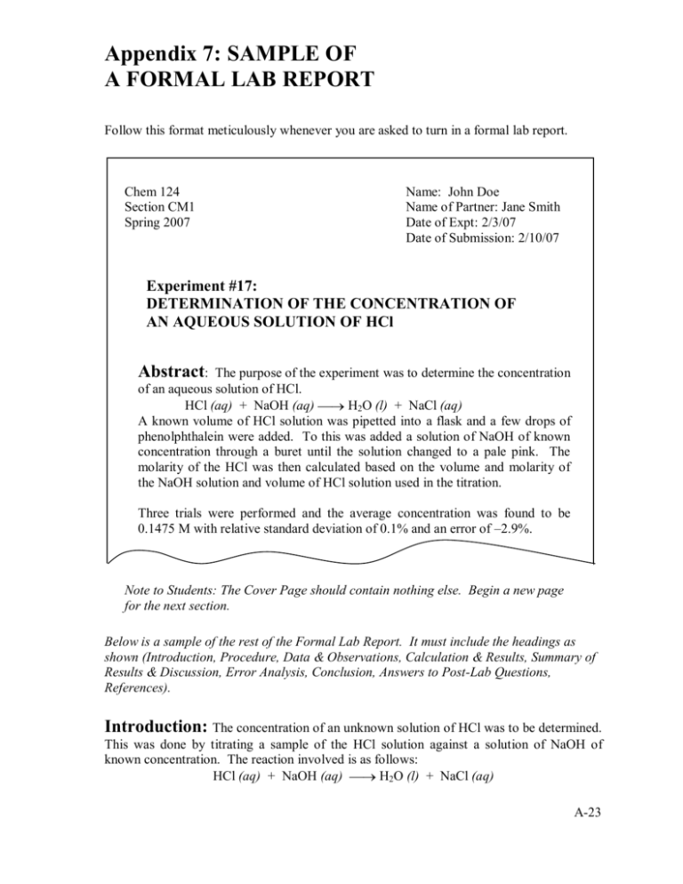 HCl Titration Lab Report Sample | Chemistry Experiment