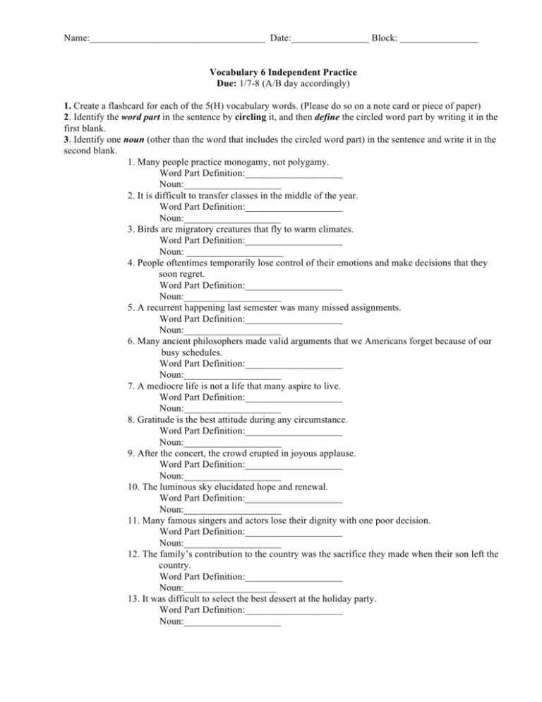Vocabulary 6 Independent Practice Vocabulary 6 Independent Practice