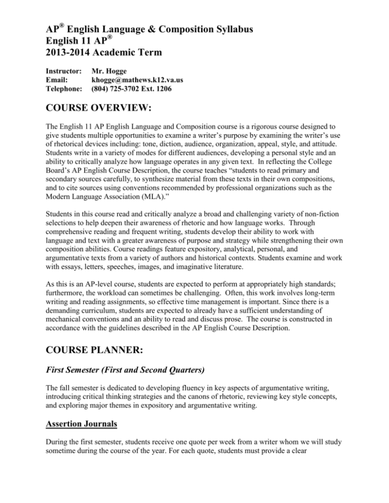 AP English Language Composition Syllabus English 11 AP 2013 AP English Language Composition Syllabus English 11 AP 2013
