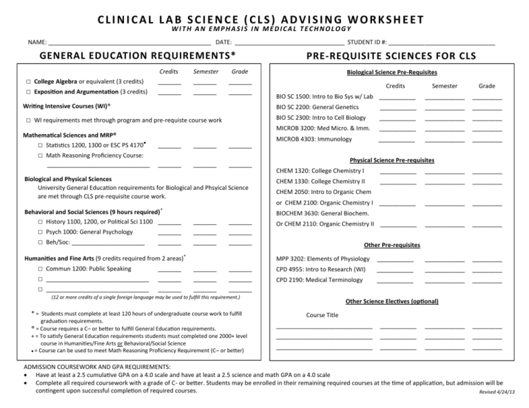 Clinical Lab Science cls Advising Worksheet Clinical Lab Science cls Advising Worksheet