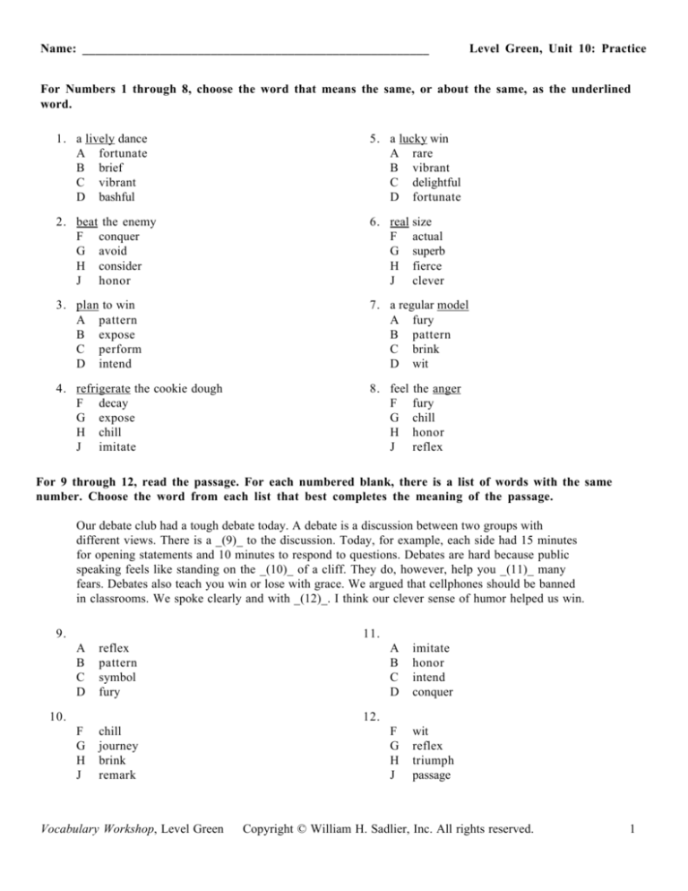 Level Green Unit 10 Practice