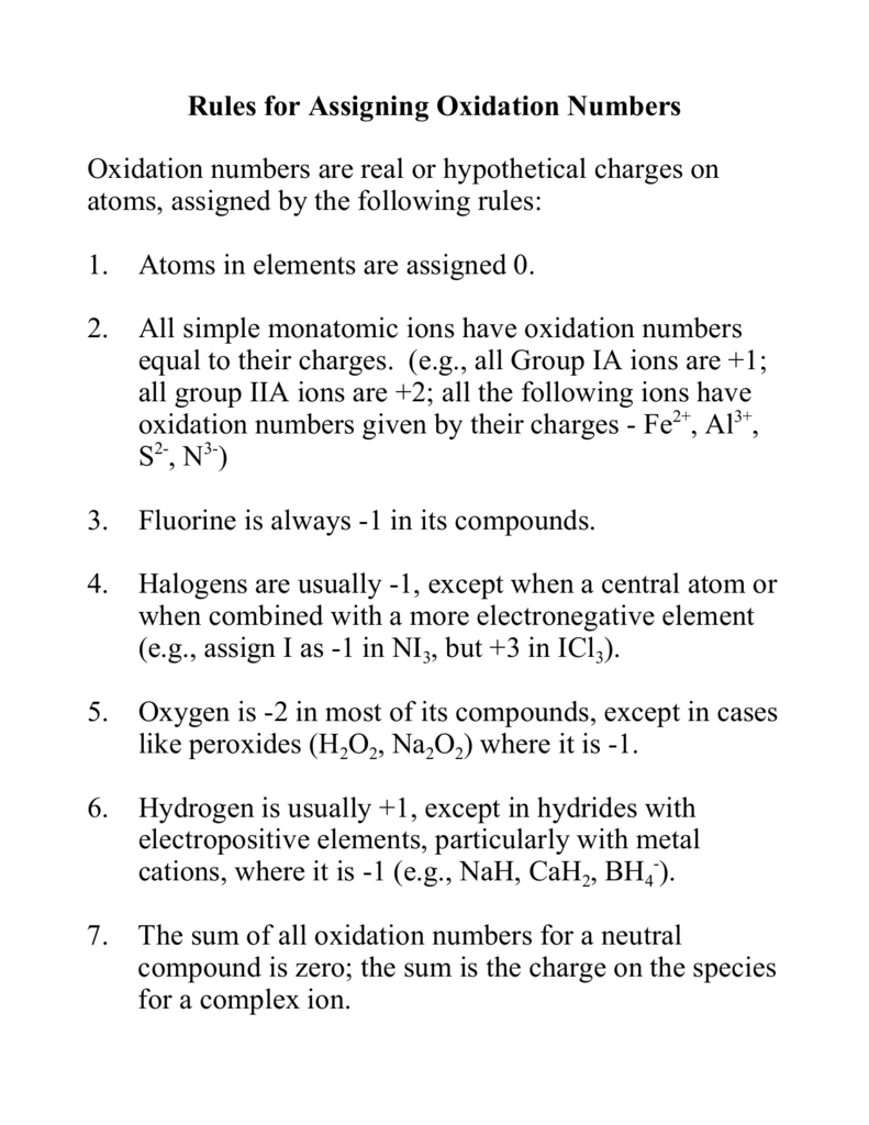 Rules For Assigning Oxidation Numbers Rules For Assigning Oxidation Numbers