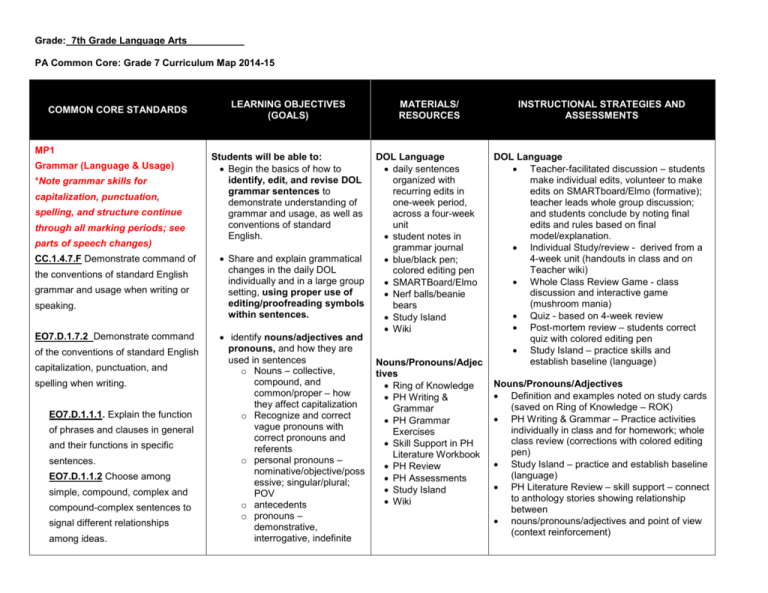 Grade 7th Grade Language Arts PA Common Core Grade 7 Grade 7th Grade Language Arts PA Common Core Grade 7