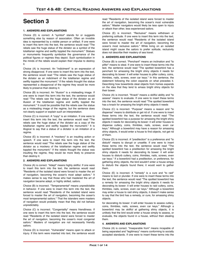 Test 4 4B Critical Reading Answers And Explanations Test 4 4B Critical Reading Answers And Explanations