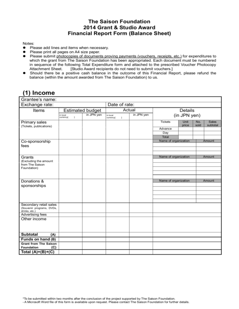 Financial Report Form Financial Report Form