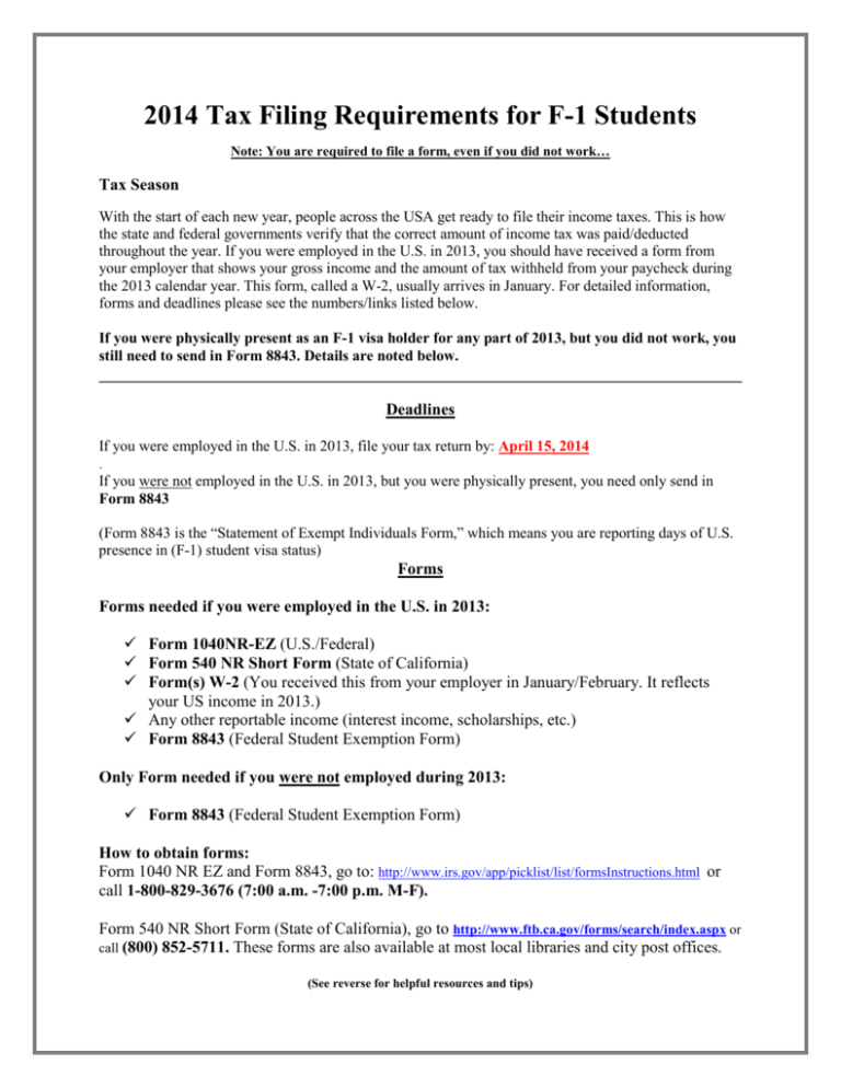 2014 Tax Filing Requirements For F 1 Students 2014 Tax Filing Requirements For F 1 Students