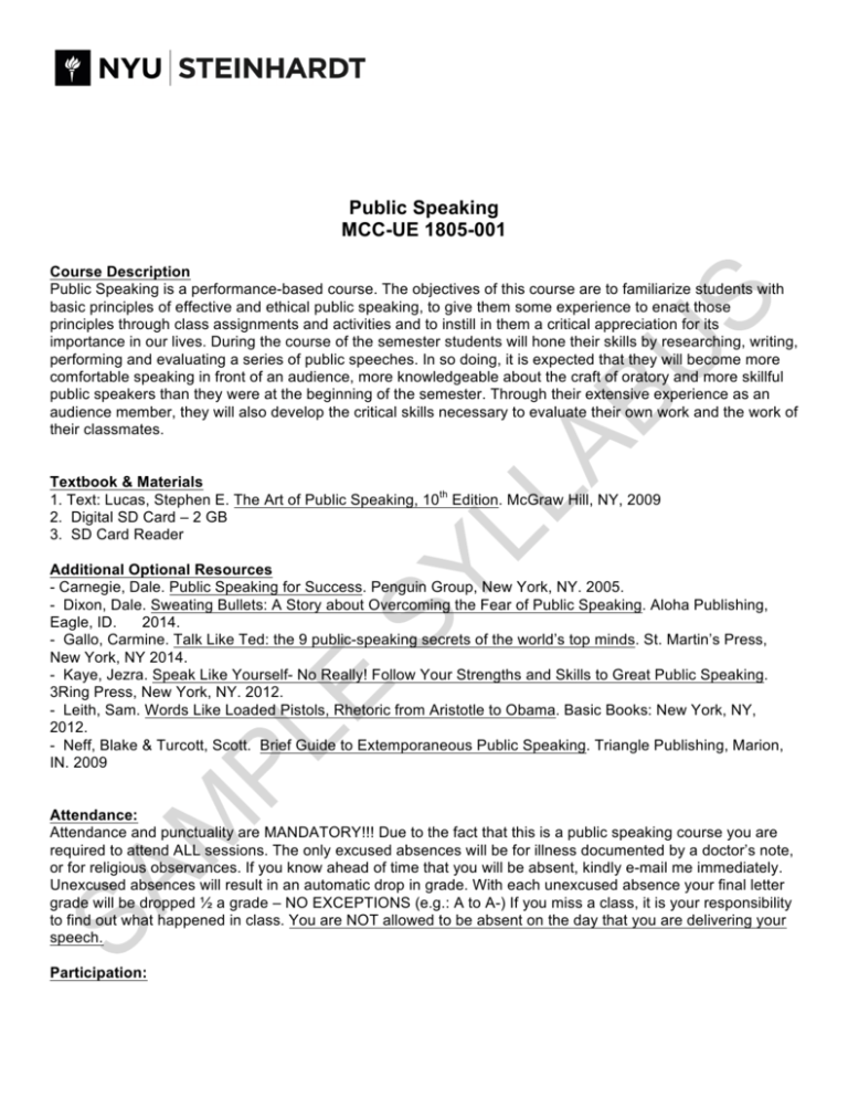 Public Speaking Course Syllabus - NYU Steinhardt