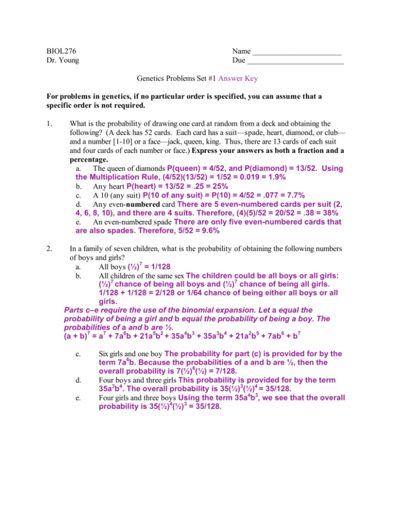 Genetics Problem Set 1 Answer Key Genetics Problem Set 1 Answer Key