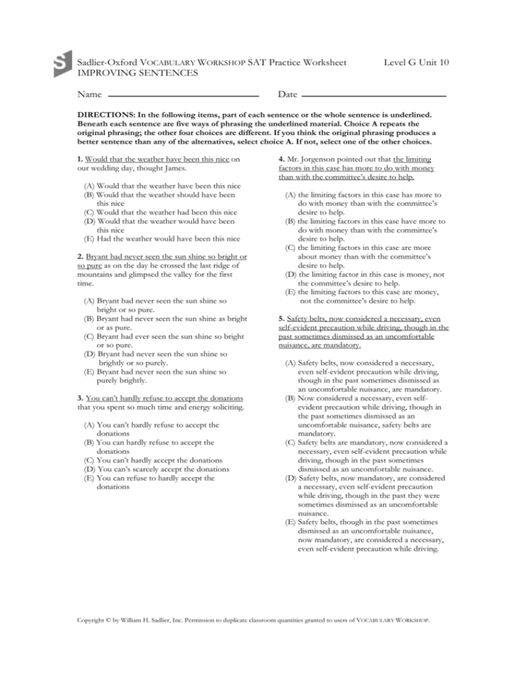 Sadlier Test Prep Improving Sentences Level G Unit 10 Sadlier Test Prep Improving Sentences Level G Unit 10