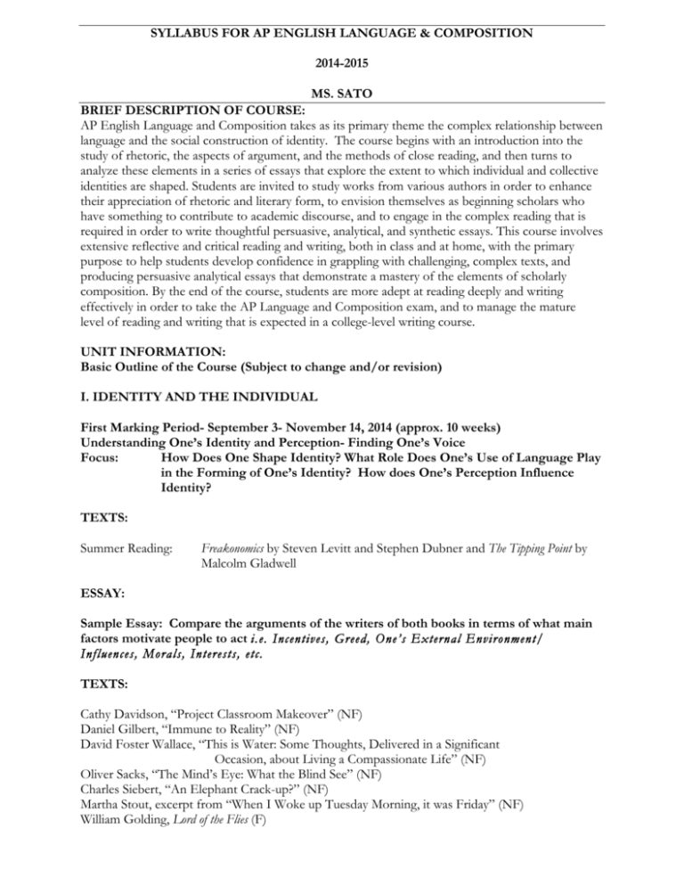 Ap English Language Composition Syllabus 2014 15 Ap English Language Composition Syllabus 2014 15