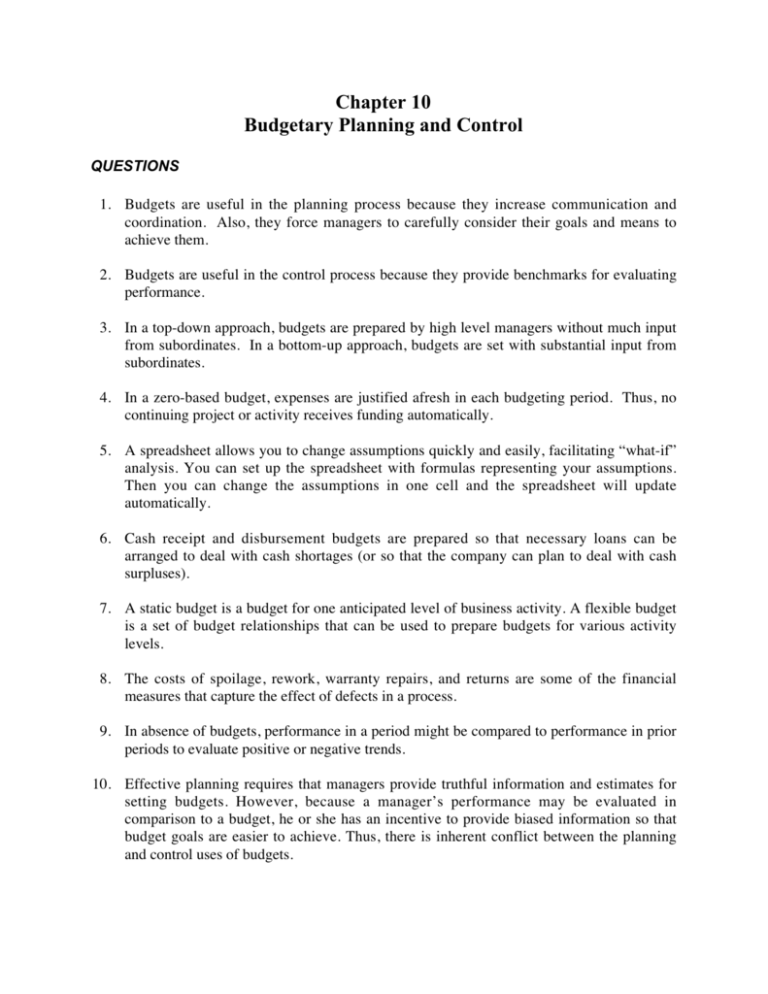 Chapter 10 Budgetary Planning And Control Chapter 10 Budgetary Planning And Control